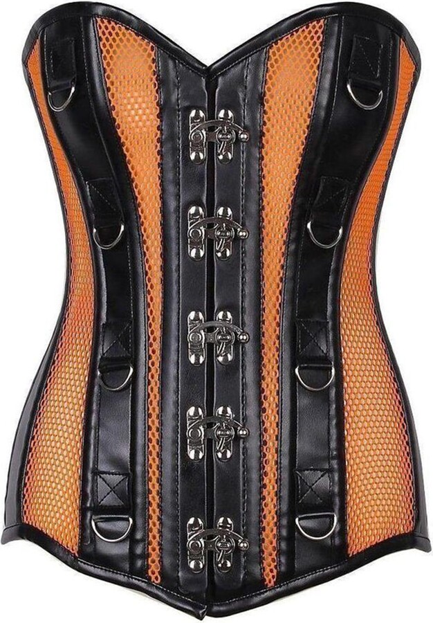 CorsetsNmore Women’s Orange Mesh Black Faux Leather Long Steampunk ...