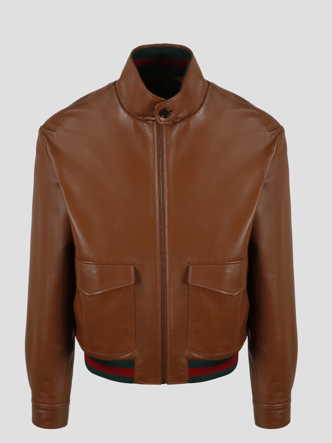 Gucci Leather Jacket With Web - ShopStyle