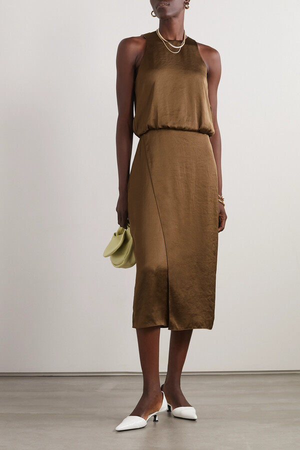 Theory Wrap-effect Hammered-satin Midi Dress - Brown - ShopStyle