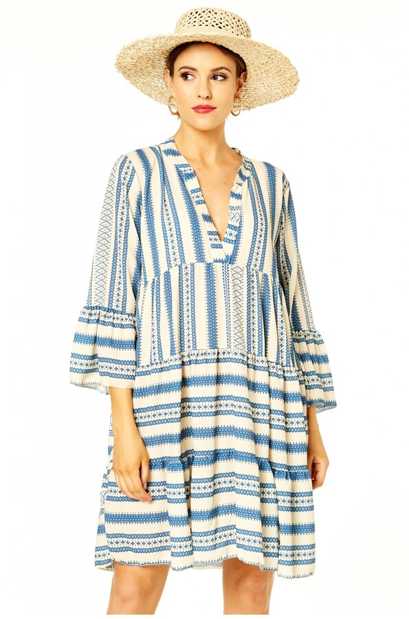 Gini London Bell Sleeve Tiered Mini Striped Dress In Blue - ShopStyle ...