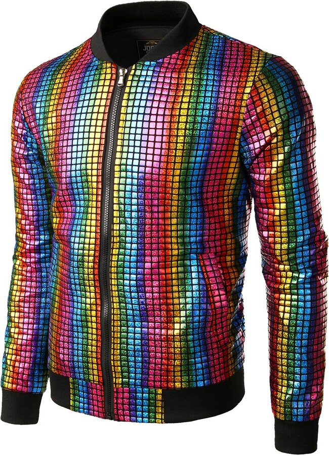 JOGAL Men's Metallic Sequins Baseball Bomber Jacket 70s Disco Party ...