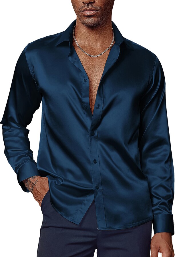 PaulJones Silk Shirts for Men Long Sleeve Non Iron Satin Shirt Business ...