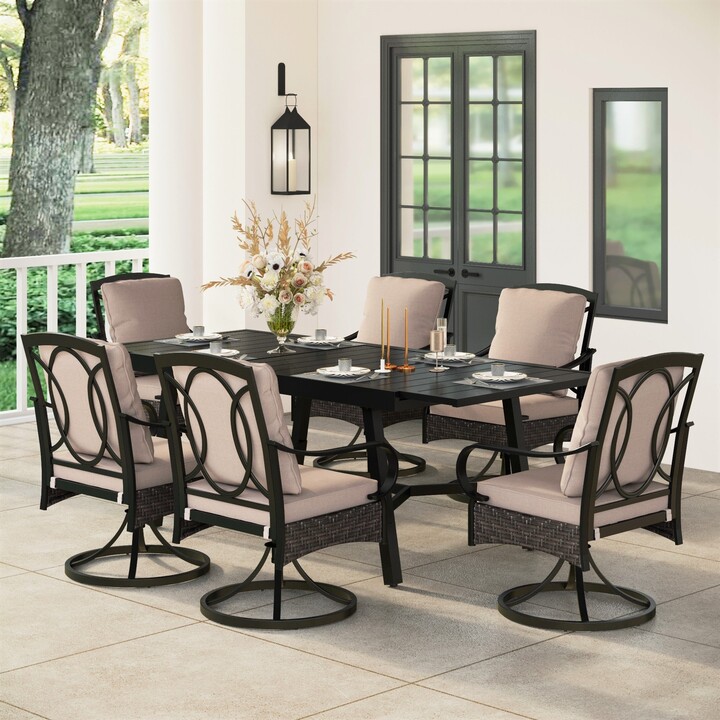 Cocam 9/7-Piece Patio Dining Set with 8/6 Rattan Swivel Chairs and a Expandable Dining Table ...