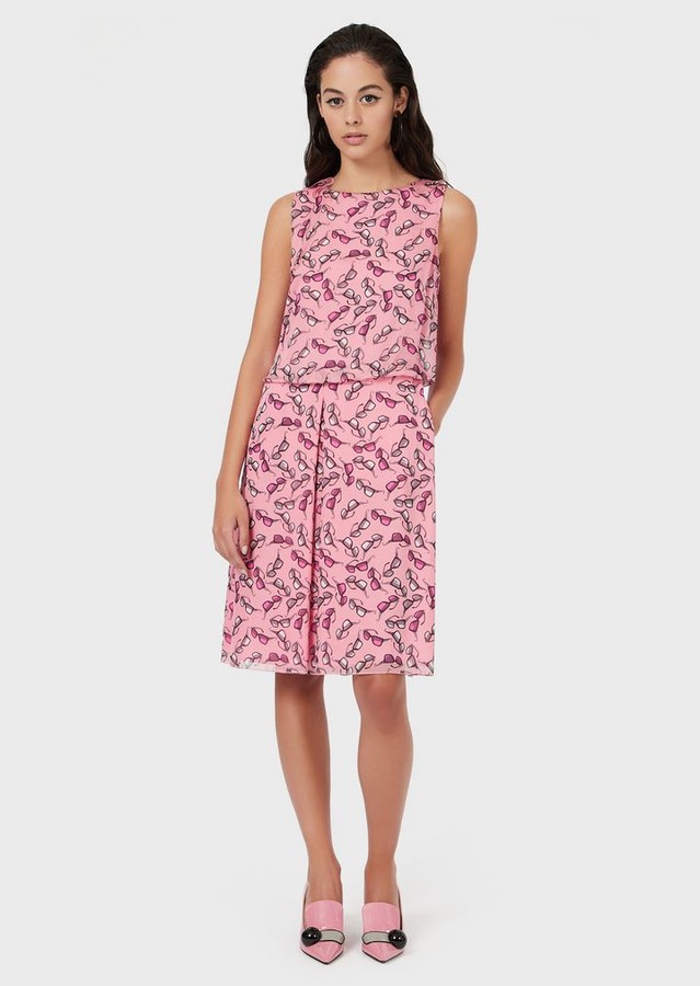 Emporio Armani Chiffon Dress With Eyeglasses Print And Godet Pleats ...