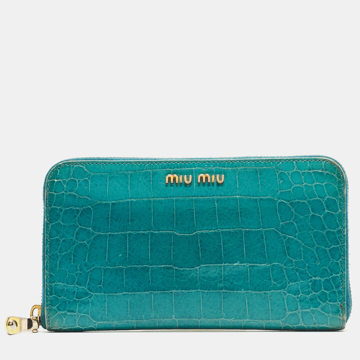 Miu Miu Green Croc Embossed Leather Zip Around Wallet - ShopStyle
