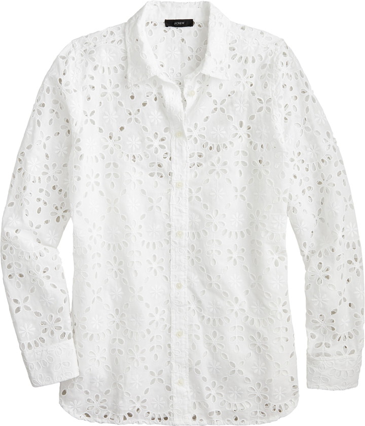 J.Crew Embroidered Eyelet Long Sleeve Button-Up Shirt - ShopStyle Tops