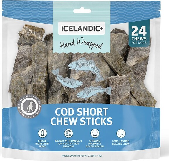 Icelandic+ Cod Skin 5" Short Dog Chew Sticks Treat, 24 Pack Bag ...