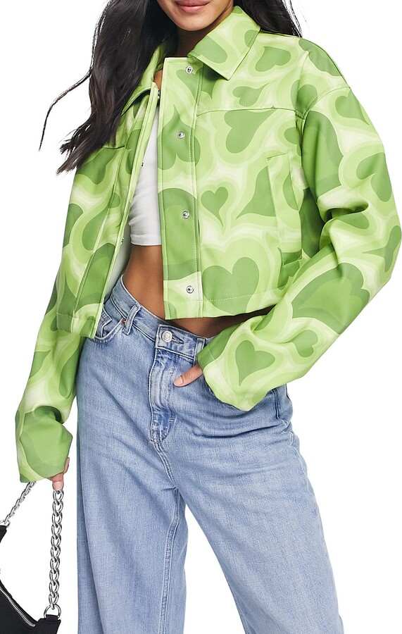 ASOS DESIGN Heart Print Crop Faux Leather Jacket - ShopStyle