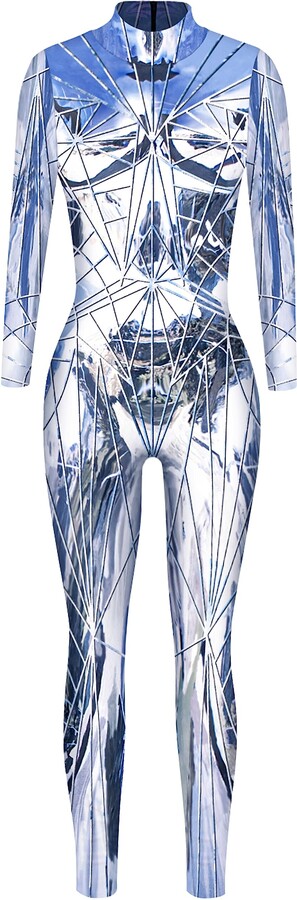 FEOYA Women Halloween Skeleton Bodysuit 3D Print Jumpsuit Costume Long ...