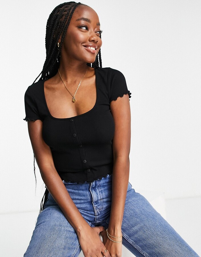 ASOS DESIGN Hourglass 90s shrunken button rib top in black - ShopStyle