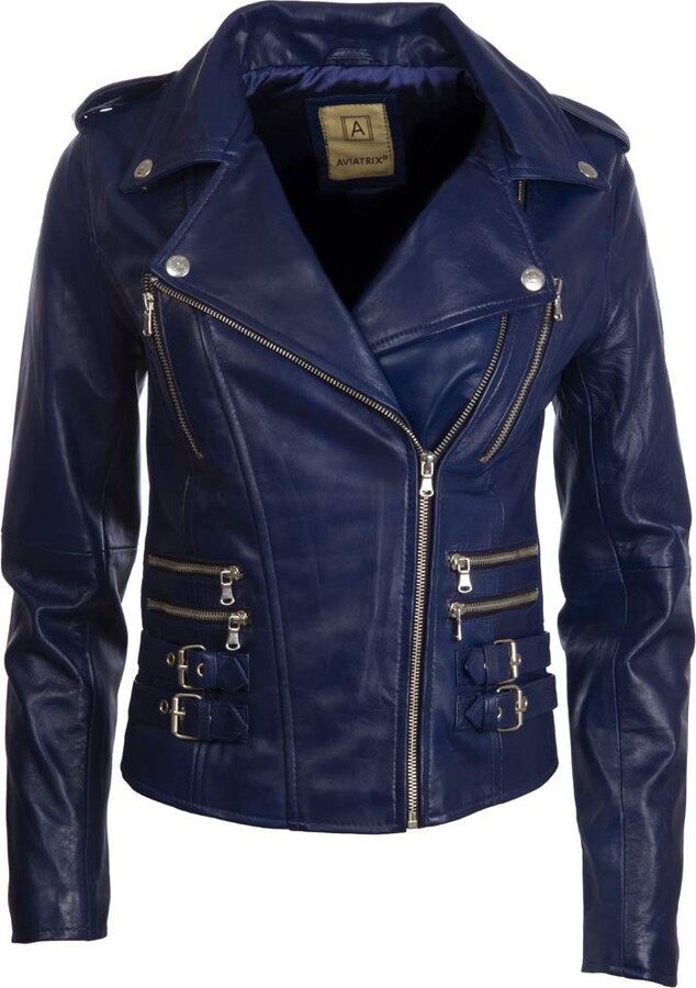Aviatrix Women's Real Leather Cross-Zip Multi-Zip Biker Jacket (AGSM ...