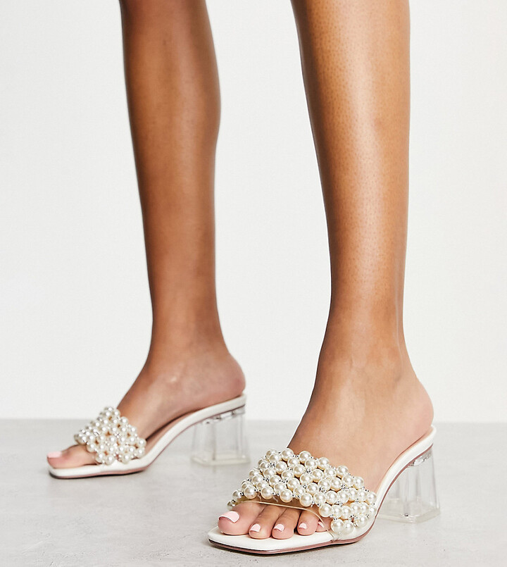 Truffle Collection Wide Fit pearl embellished bridal mules in white ...