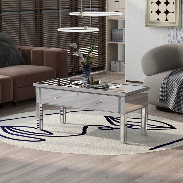 Aoolive Modern Glass Mirrored Coffee Table with 2 Drawers, Cocktail ...