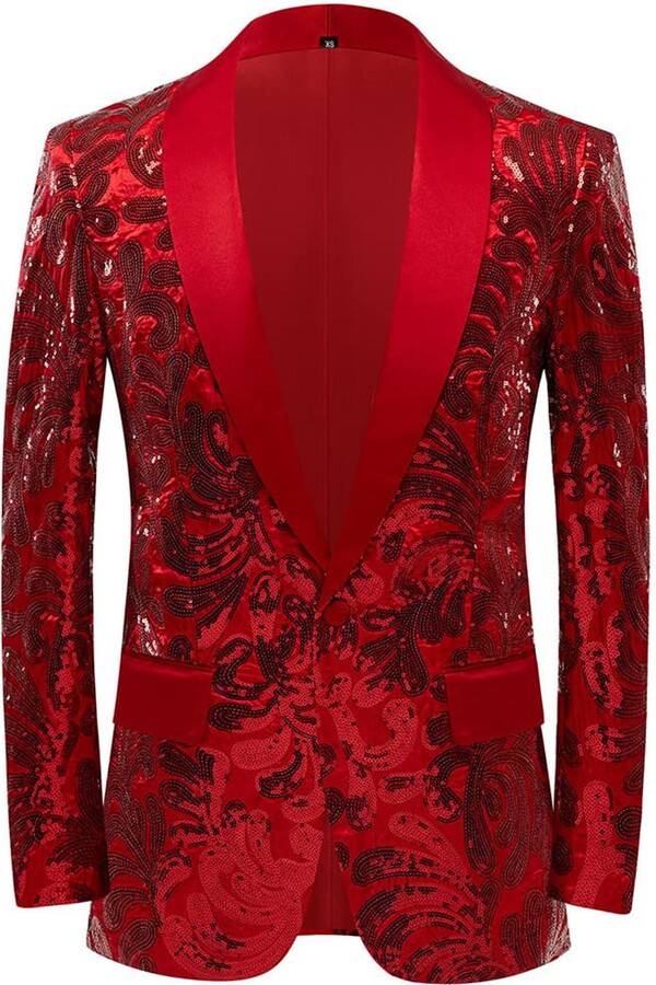 Saeohnssty Men Red Velvet Sequins Floral Pattern Suit Jacket Shawl ...