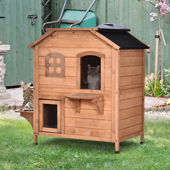Pawhut Fir Wood 2-Story Outdoor Cat House, Wooden Feral Cat Shelter ...