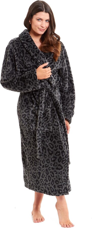 Daisy Dreamer Womens Dressing Gown Black Leopard Robe Extra Long Shawl ...