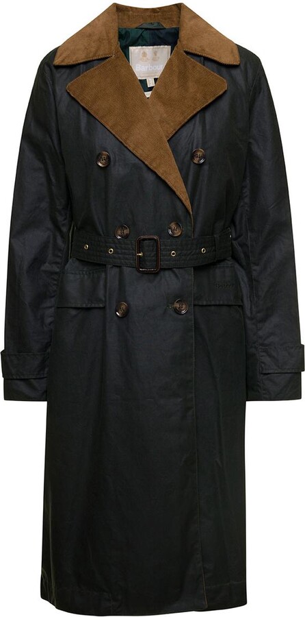 Barbour 'Simone' Black Belted Trench Coat with Corduroy Revers in Waxed ...