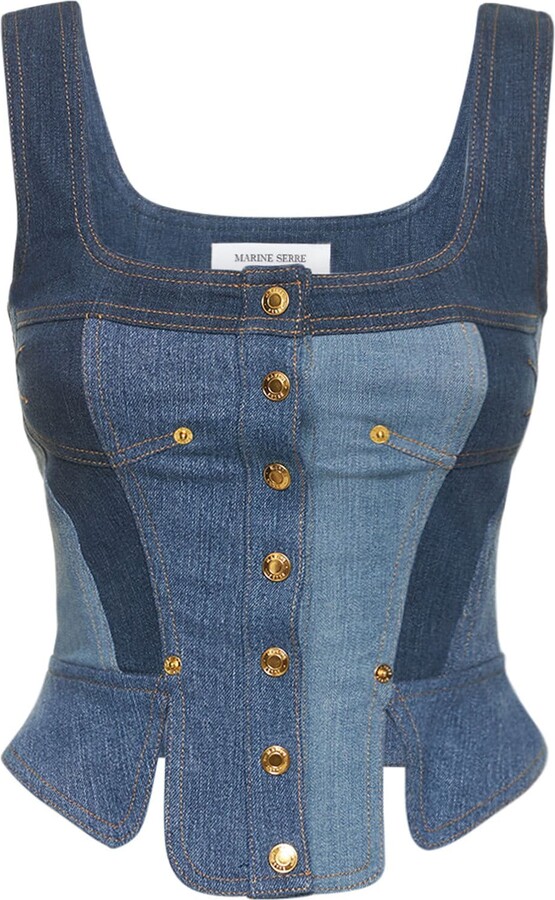 Marine Serre Buttoned patchwork denim bustier top - ShopStyle