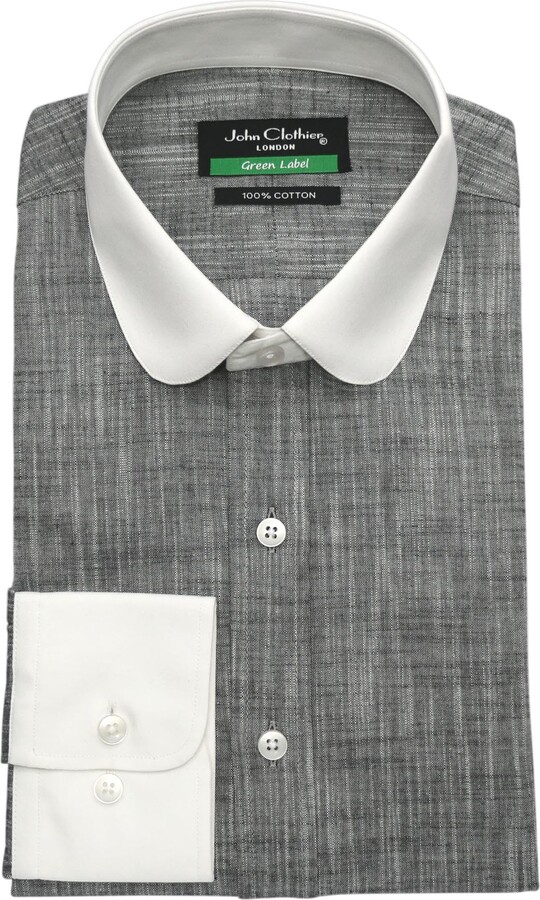 John Clothier Men's Dark Grey Cotton Linen Penny Round Collar Shirt ...