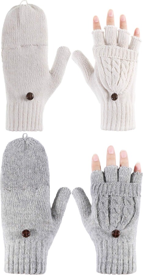 Tatuo 2 Pairs Women Fingerless Mittens Winter Convertible Gloves ...