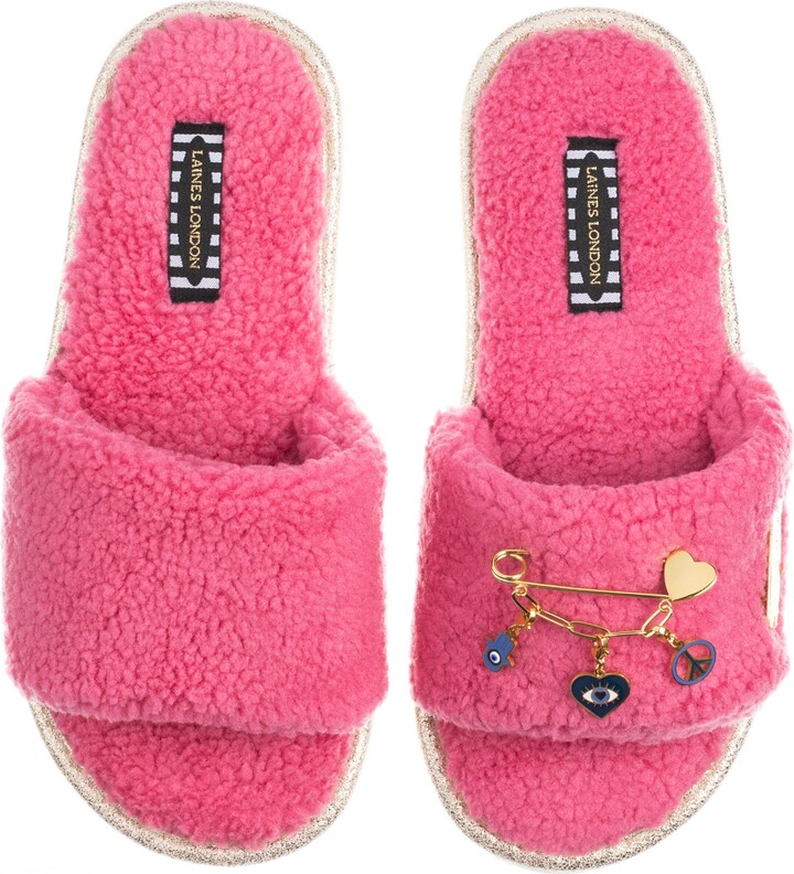 LAINES LONDON - Teddy Towelling Slipper / Sliders With Safety Pin Heart ...