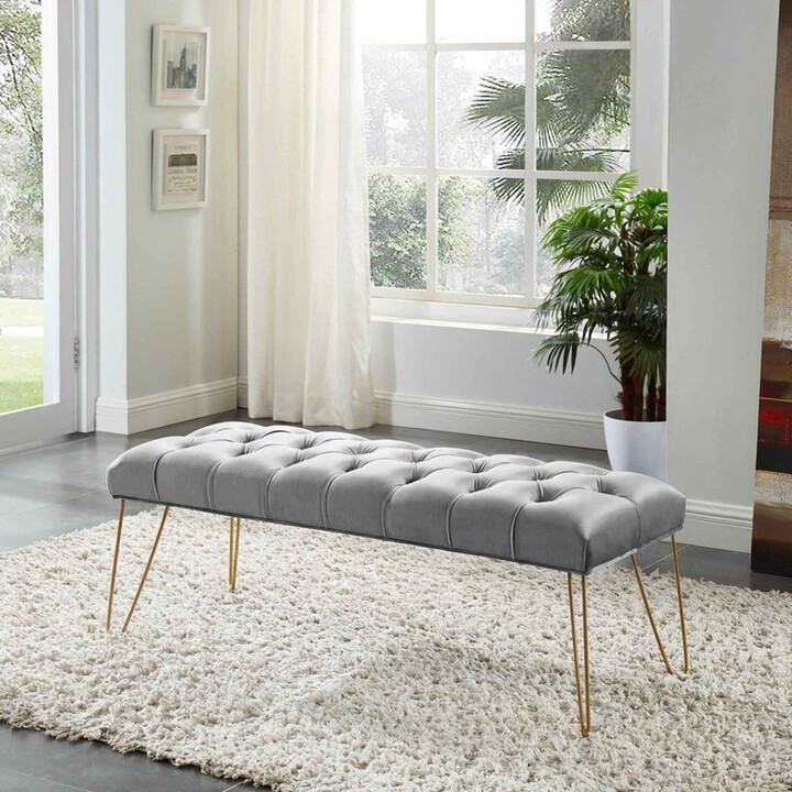 Hi-Line Gift Grey Velvet Button - Tufted Bench with Gold - Capped Legs ...