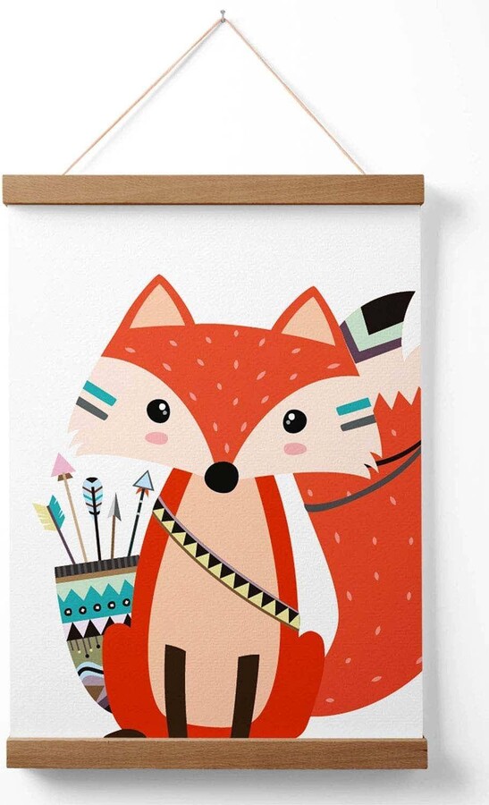 ARTZE Sitting Red Fox Tribal Animal Poster with Oak Hanger - W53cm x ...