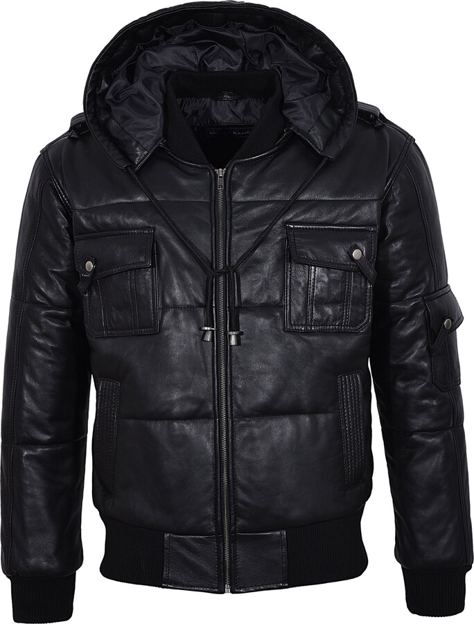 Smart Range Leather The Pilot SIX Puffer Men's Black Hooded Bomber ...