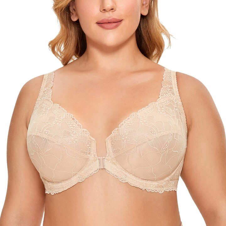 DELIMIRA Women's Sheer Front Closure Full Coverage Lace Underwire Unlined Bra Beige 42F - ShopStyle
