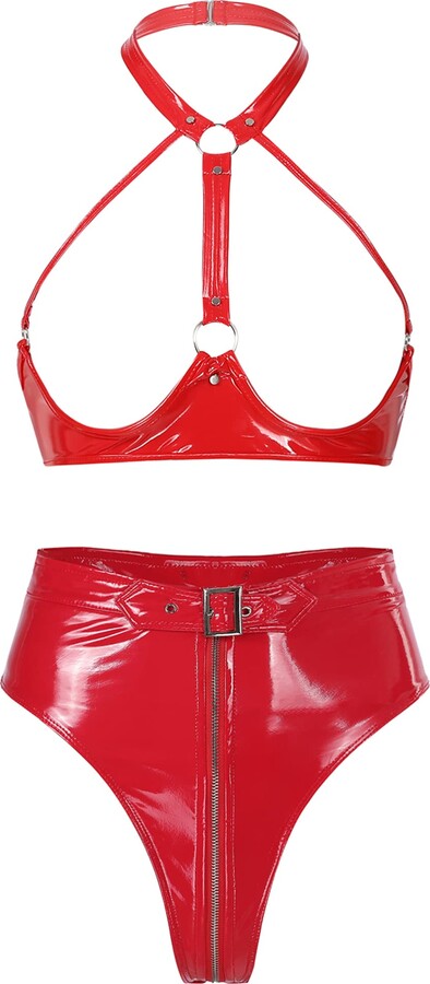 CHICTRY Women's Patent Leather Wet Look Bikini Set Cutout Crop Bra Top ...