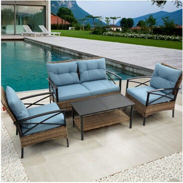Dakota Fields Patio 4 piece sectional low dining conversation sofa set- KD rattan wicker outdoor ...