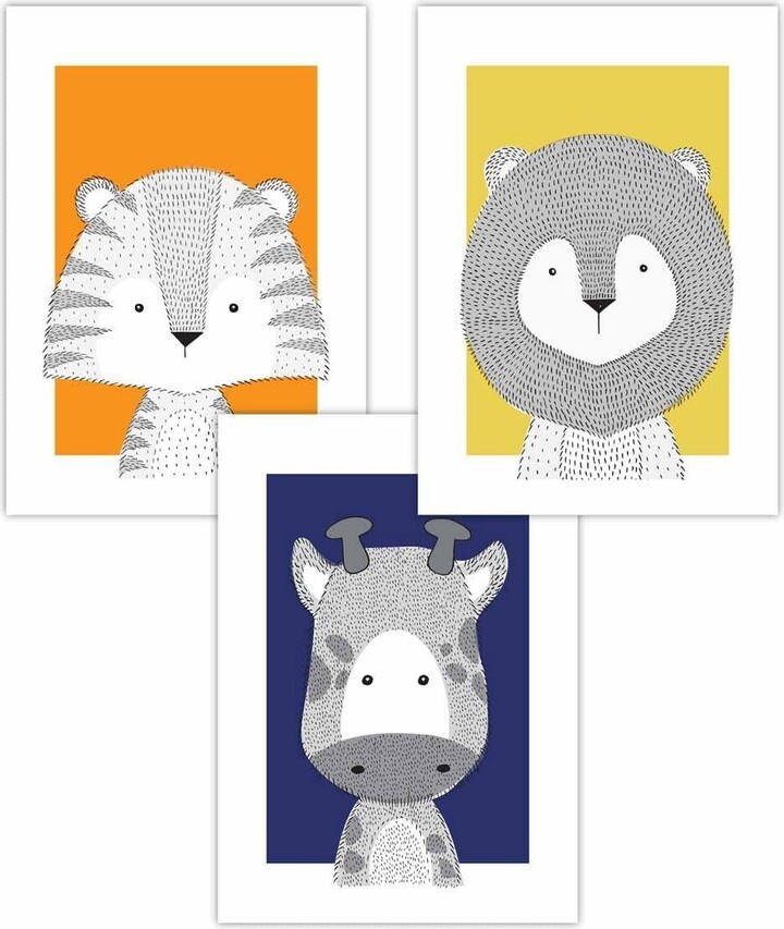 ARTZE Set of 3 Nursery Scandi Sketch Jungle Animals in Yellow Navy ...