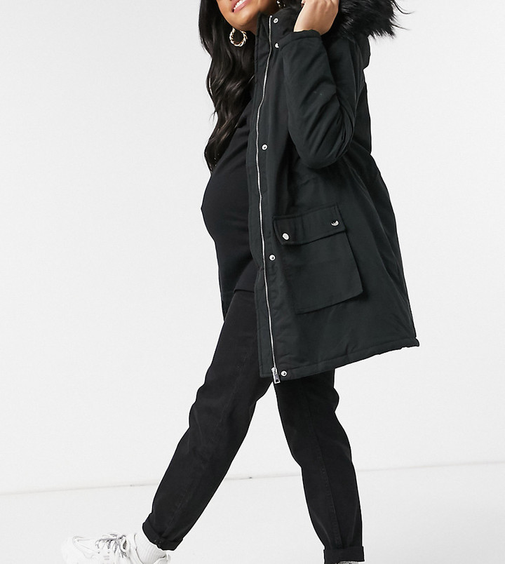 New Look Maternity longline parka jacket in black - ShopStyle