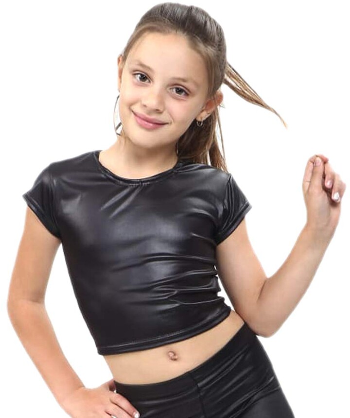Aelstores Girls Wet Look Crop Top Metallic Black Shiny Stretch T-Shirt ...