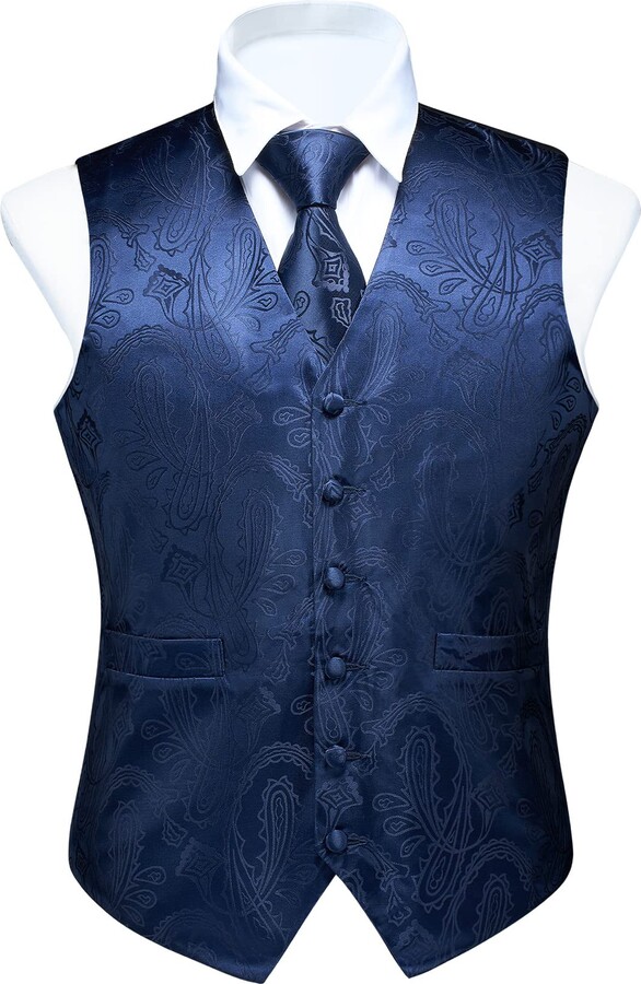 FAIMO Dark Blue Waistcoat Mens Paisley Floral Jacquard Waistcoat with ...