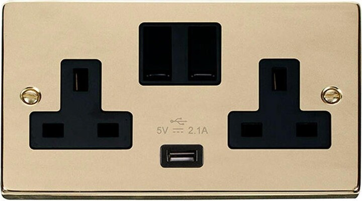 SE Home Polished Brass 2 Gang 13A 1 USB Twin Double Switched Plug ...