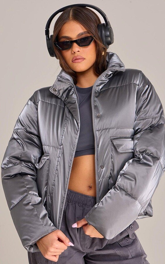Silver Metallic Puffer Jacket - Grey - ShopStyle