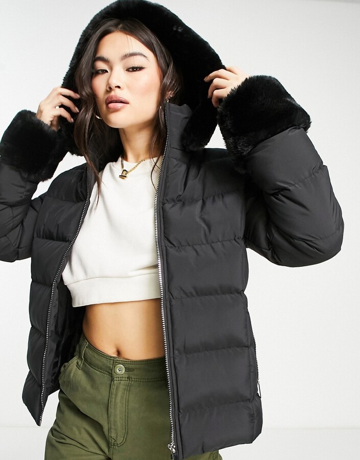 Threadbare Quartz puffer jacket with faux fur trims in black - ShopStyle