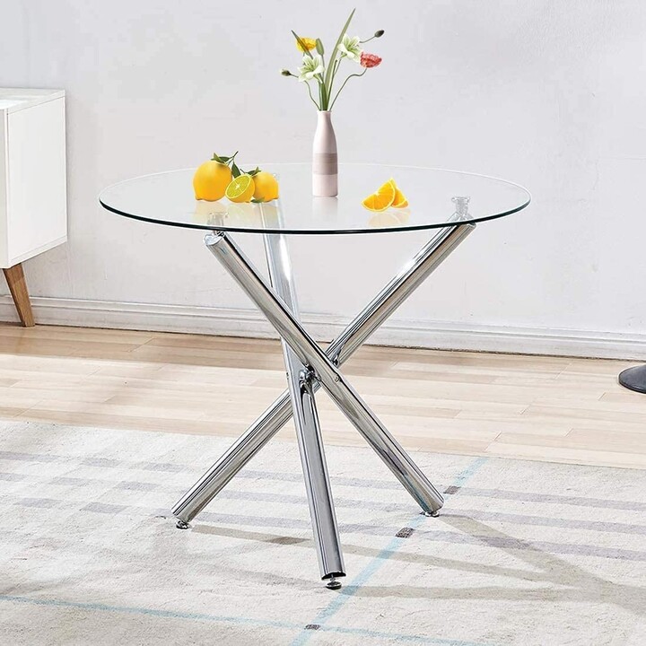 EPOWP Modern Round Dining Table with Tempered Glass Top, 3 Chrome Legs ...