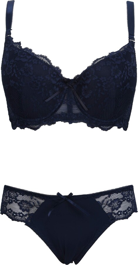 Zest Lace Padded Balcony Bra & High Leg Knickers Set Navy Blue 34D/10 ...