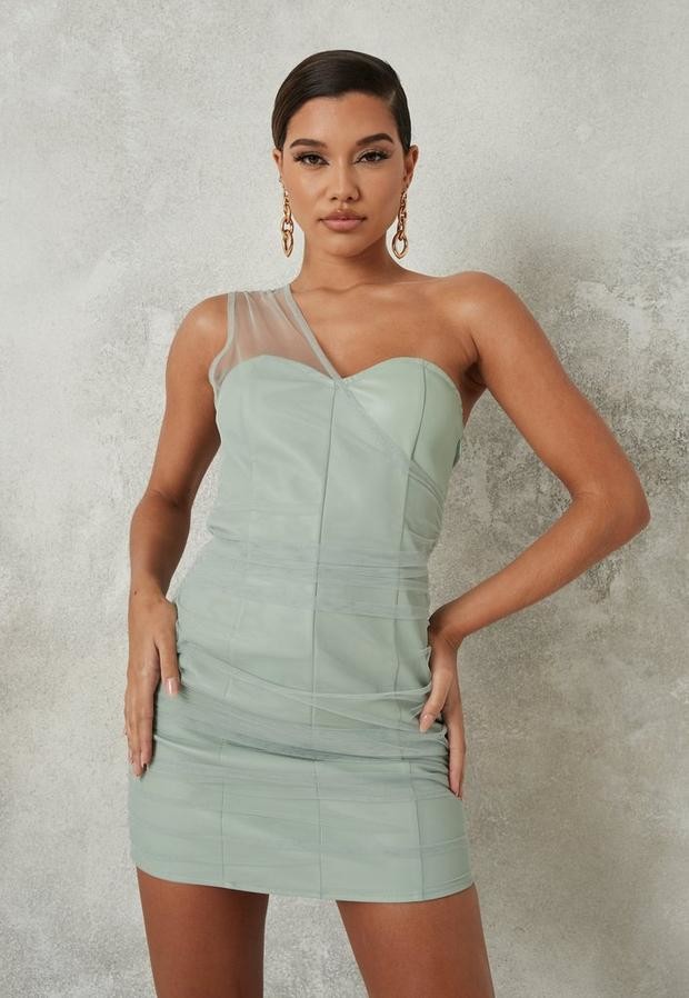 Missguided Sage Faux Leather Mesh One Shoulder Mini Dress - ShopStyle