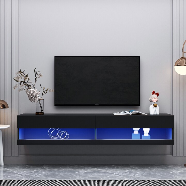 RASOO Wall-Mounted Floating TV Stand with LED Lights and Storage ...