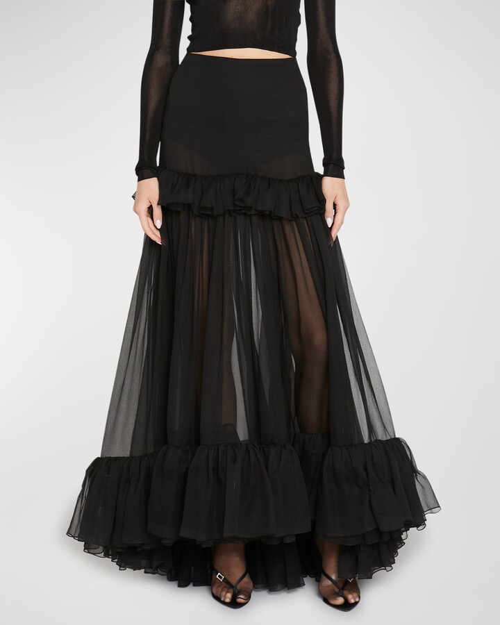 Saint Laurent Ruffle-Trim High-Low Sheer Silk Maxi Skirt - ShopStyle