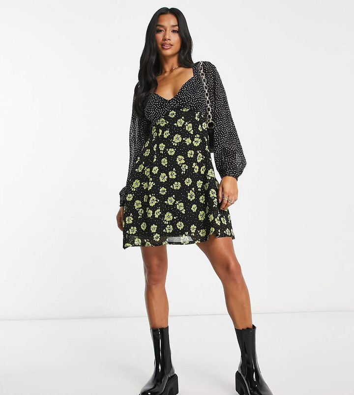 New Look Petite mixed print puff sleeve long sleeve milkmaid mini dress ...