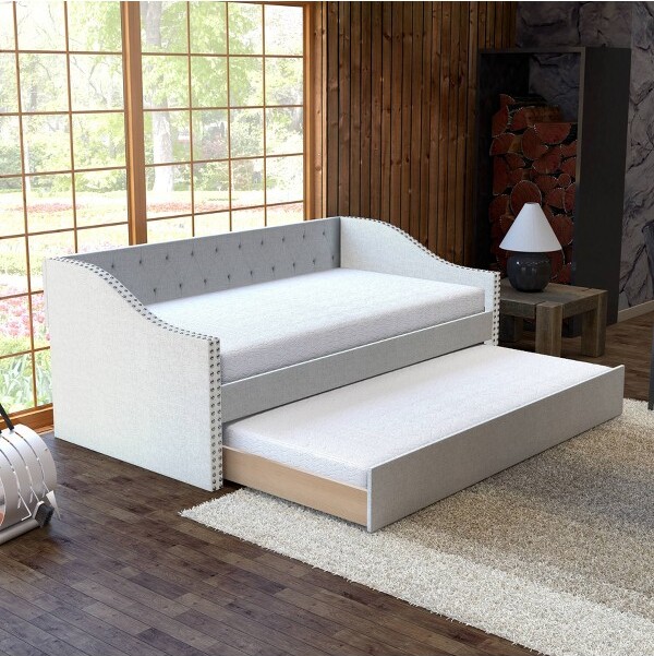 Boyd Sleep Eco Dream Nora Tufted Linen with Nail Button Trim Upholstered Day Bed and Roll Out ...