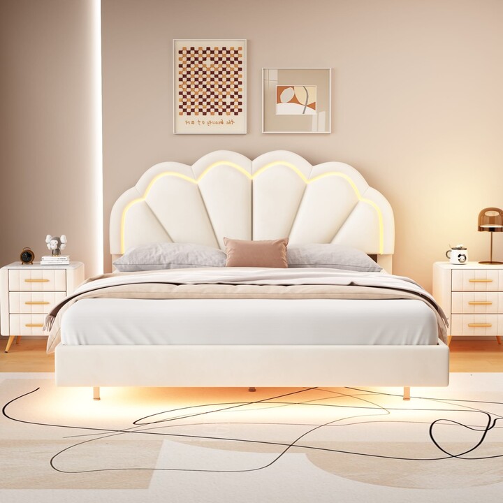 Sunmory Queen Size Floating Velvet Upholstered Platform LED Bed Frame ...