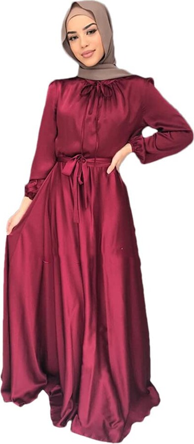 Youllyuu Dubai Turkey Arabic Satin Muslim Dress Women Islam Caftan Marocain Long Robe Red ...