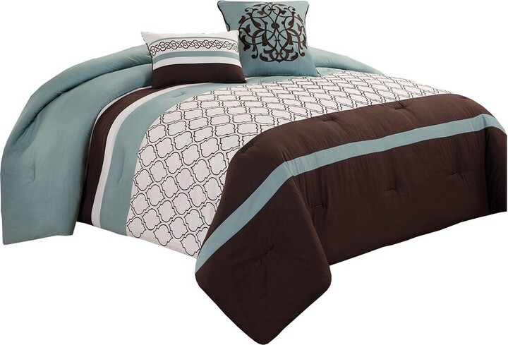 Quatrefoil Queen Size 8 Piece Fabric Comforter Set , Brown and Blue ...