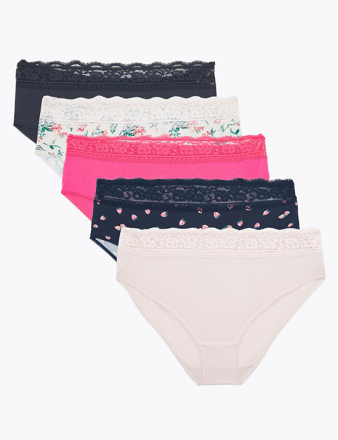 Marks and Spencer 5pk Cotton Lycra & Lace High Leg Knickers - ShopStyle ...