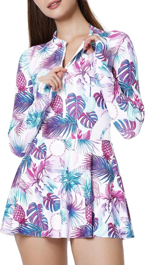 ECUPPER Women Long Sleeve Rash Guard Swimsuit Modest One Piece Zipper ...